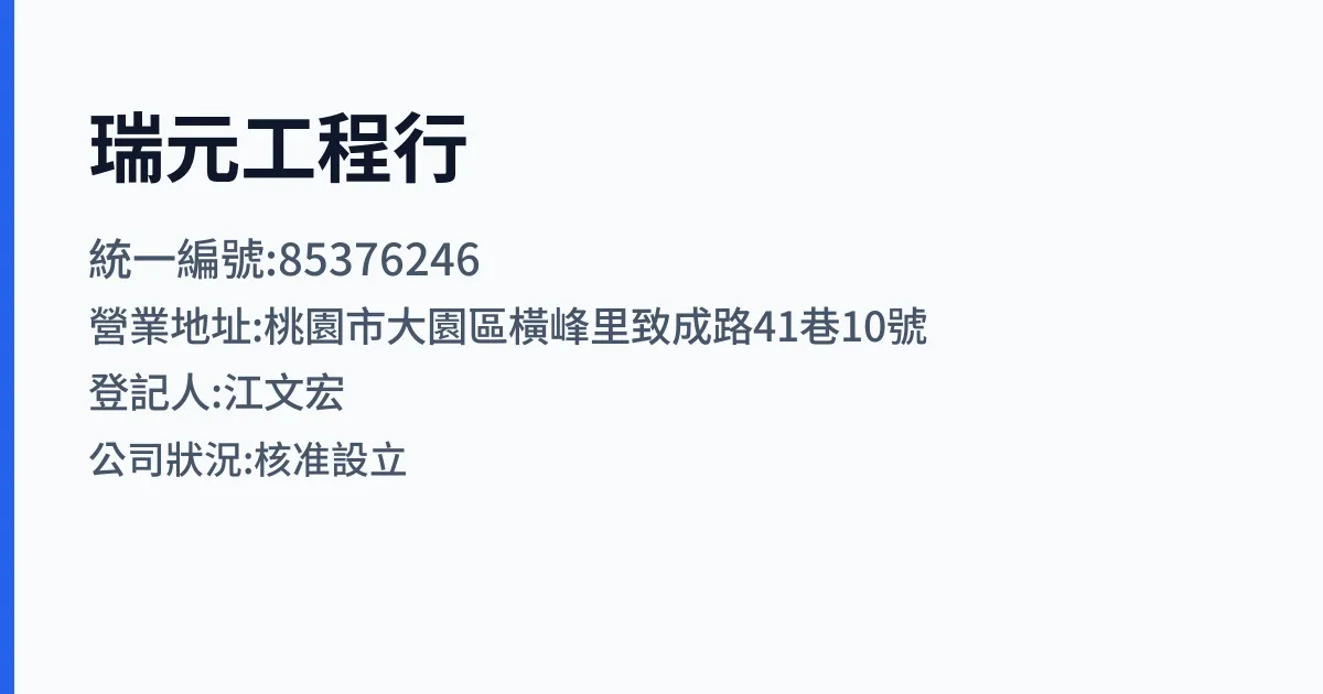 瑞元工程行 - 統編 85376246(桃園市) 公司登記資料與營業項目詳細圖表