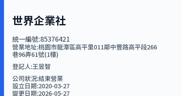 世界企業社的照片-統編 85376421(桃園市) 公司登記資料與營業項目詳細圖表
