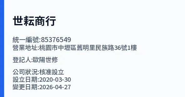 世耘商行的照片-統編 85376549(桃園市) 公司登記資料與營業項目詳細圖表