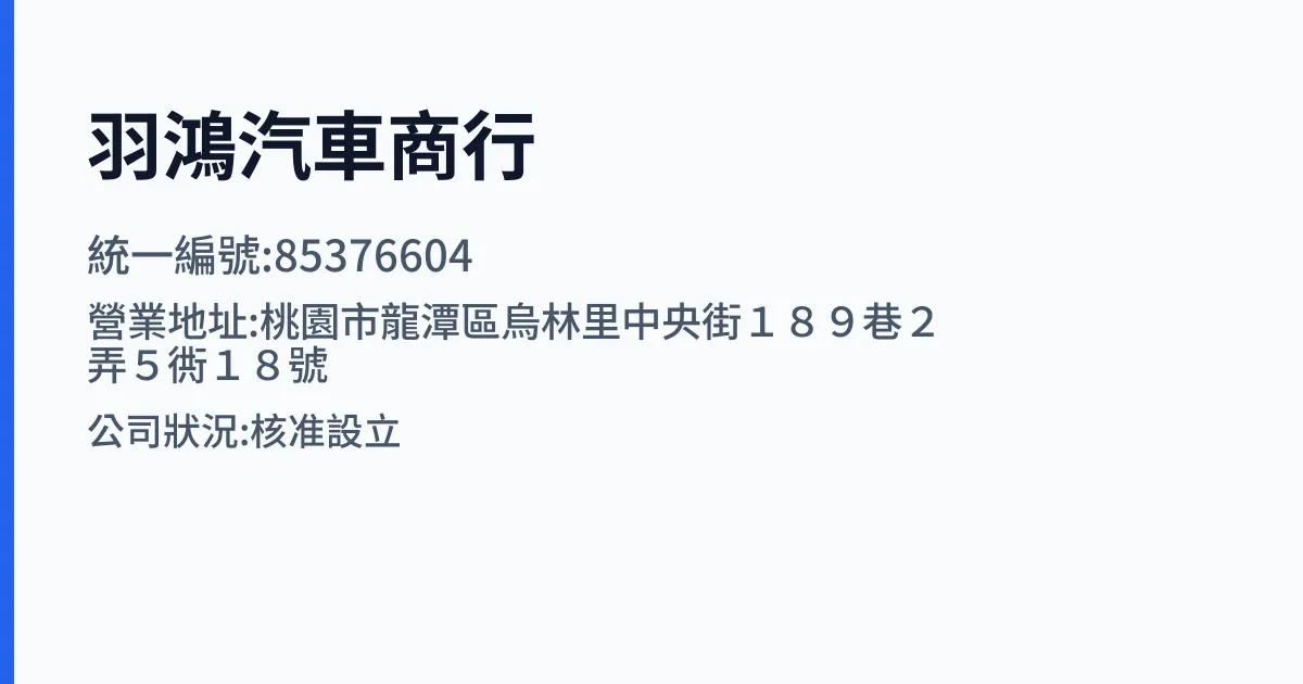 羽鴻汽車商行 - 統編 85376604(桃園市) 公司登記資料與營業項目詳細圖表