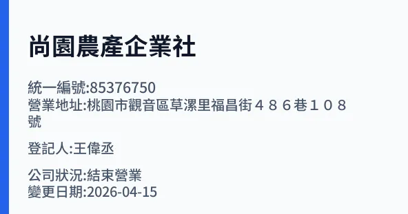 尚園農產企業社的照片-統編 85376750(桃園市) 公司登記資料與營業項目詳細圖表