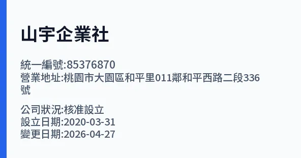 山宇企業社的照片-統編 85376870(桃園市) 公司登記資料與營業項目詳細圖表