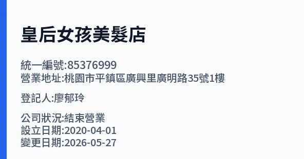 皇后女孩美髮店的照片-統編 85376999(桃園市) 公司登記資料與營業項目詳細圖表