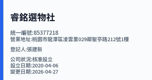 睿銘選物社的照片-統編 85377218(桃園市) 公司登記資料與營業項目詳細圖表