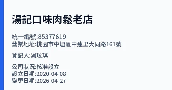 湯記口味肉鬆老店的照片-統編 85377619(桃園市) 公司登記資料與營業項目詳細圖表