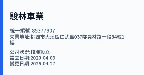駿林車業的照片-統編 85377907(桃園市) 公司登記資料與營業項目詳細圖表