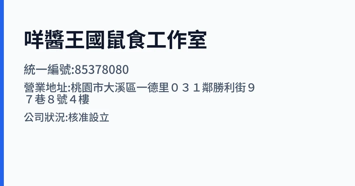 咩醬王國鼠食工作室 - 統編 85378080(桃園市) 公司登記資料與營業項目詳細圖表
