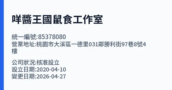 咩醬王國鼠食工作室的照片-統編 85378080(桃園市) 公司登記資料與營業項目詳細圖表