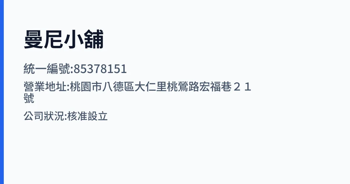曼尼小舖 - 統編 85378151(桃園市) 公司登記資料與營業項目詳細圖表