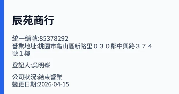 辰苑商行的照片-統編 85378292(桃園市) 公司登記資料與營業項目詳細圖表