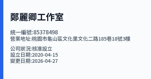 鄭麗卿工作室的照片-統編 85378498(桃園市) 公司登記資料與營業項目詳細圖表