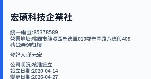 宏碩科技企業社的照片-統編 85378589(桃園市) 公司登記資料與營業項目詳細圖表