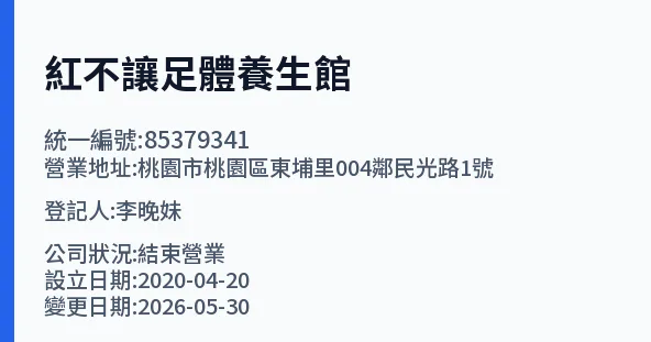 紅不讓足體養生館的照片-統編 85379341(桃園市) 公司登記資料與營業項目詳細圖表
