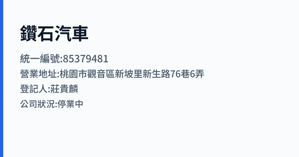 鑽石汽車 - 統編 85379481(桃園市) 公司登記資料與營業項目詳細圖表