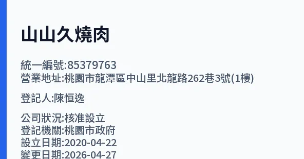 山山久燒肉的照片-統編 85379763(桃園市) 公司登記資料與營業項目詳細圖表