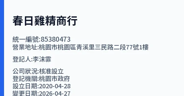 春日雞精商行的照片-統編 85380473(桃園市) 公司登記資料與營業項目詳細圖表