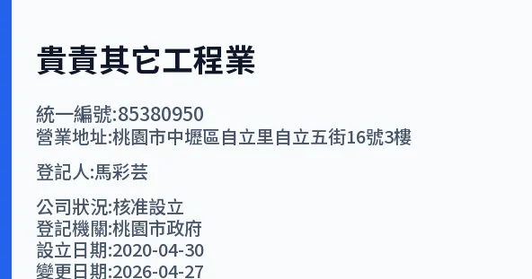 貴責其它工程業的照片-統編 85380950(桃園市) 公司登記資料與營業項目詳細圖表