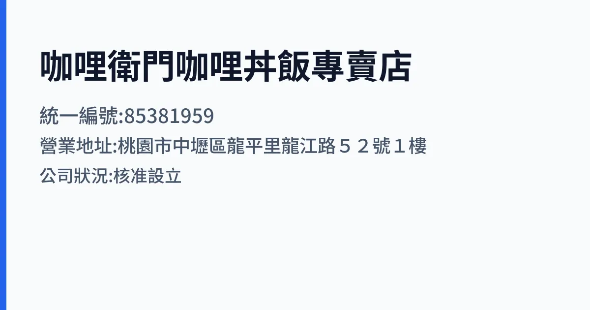 咖哩衛門咖哩丼飯專賣店 - 統編 85381959(桃園市) 公司登記資料與營業項目詳細圖表