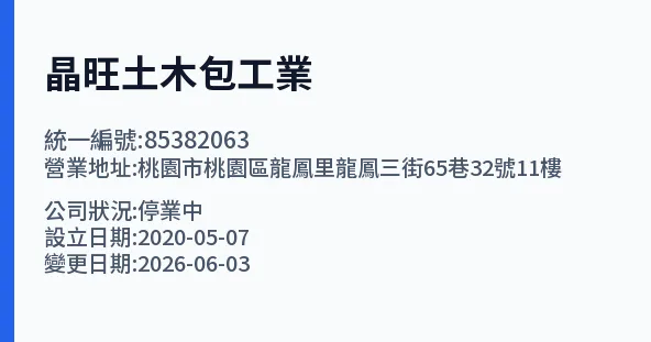 晶旺土木包工業的照片-統編 85382063(桃園市) 公司登記資料與營業項目詳細圖表