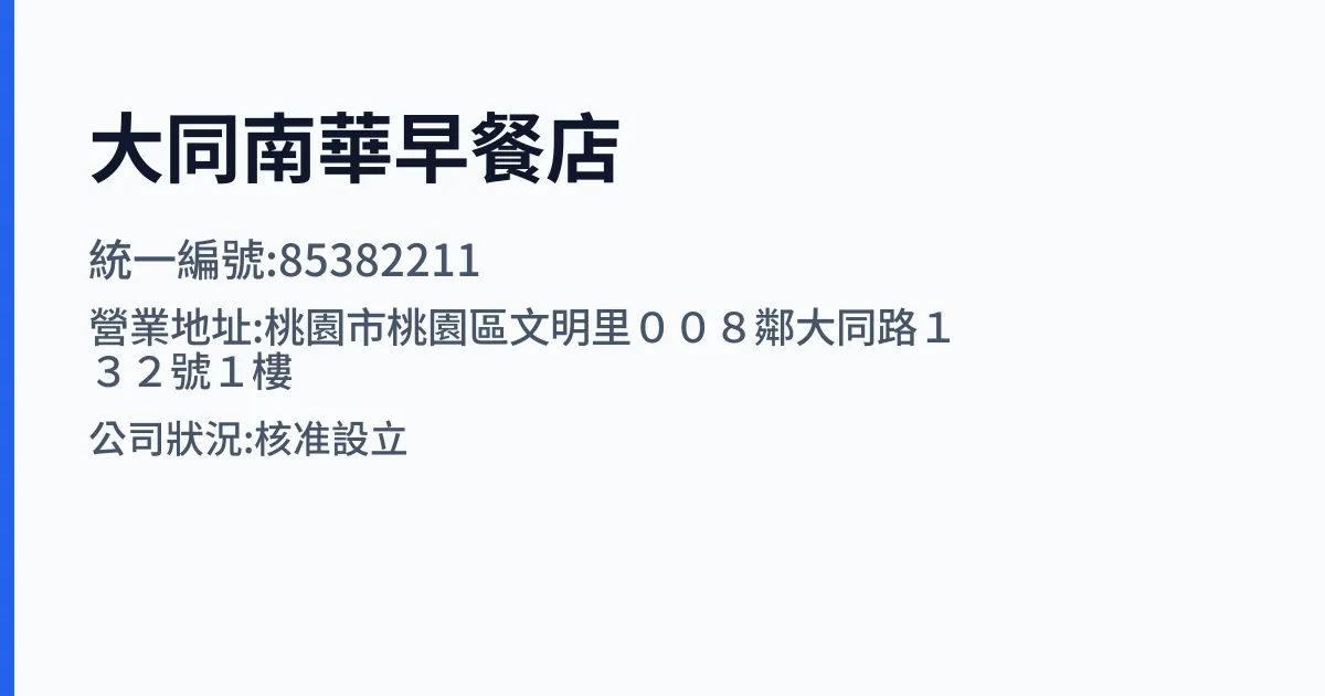 大同南華早餐店 - 統編 85382211（桃園市） 公司登記資料與營業項目詳細圖表