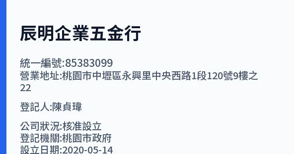 辰明企業五金行的照片-統編 85383099(桃園市) 公司登記資料與營業項目詳細圖表