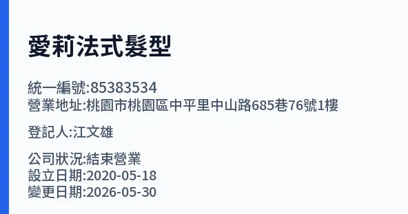 愛莉法式髮型的照片-統編 85383534(桃園市) 公司登記資料與營業項目詳細圖表