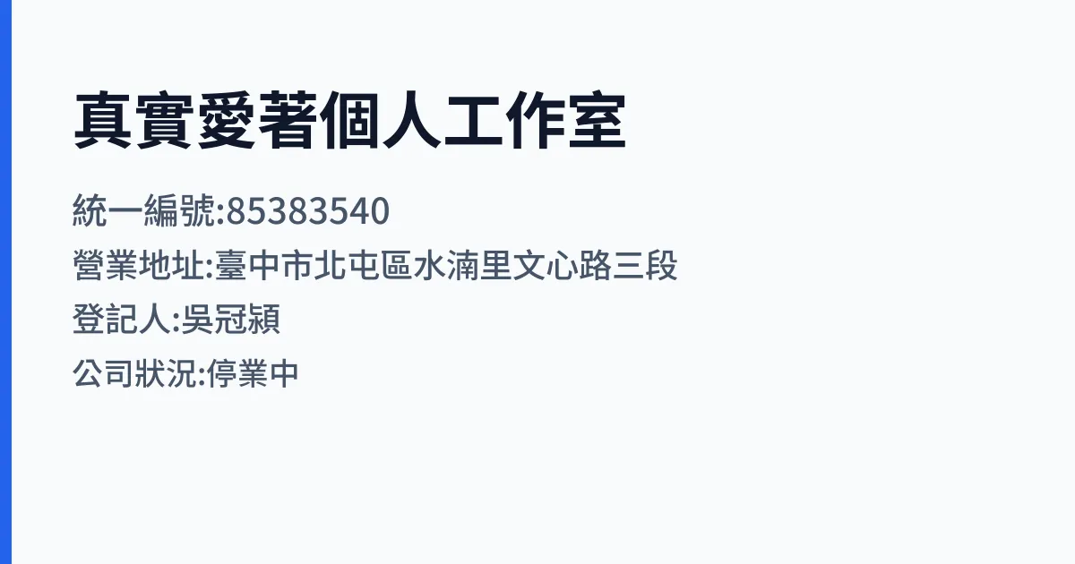 真實愛著個人工作室 - 統編 85383540(新北市) 公司登記資料與營業項目詳細圖表