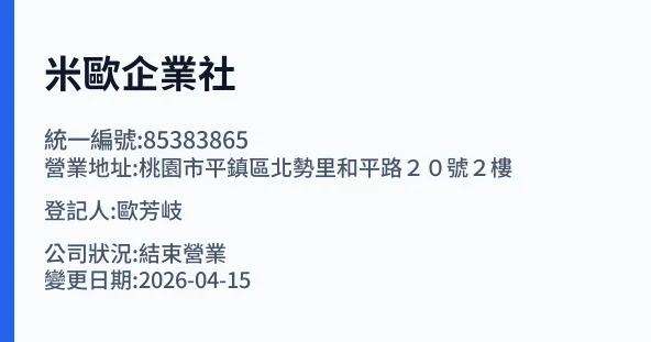 米歐企業社的照片-統編 85383865(桃園市) 公司登記資料與營業項目詳細圖表