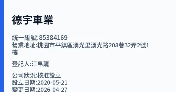 德宇車業的照片-統編 85384169(桃園市) 公司登記資料與營業項目詳細圖表