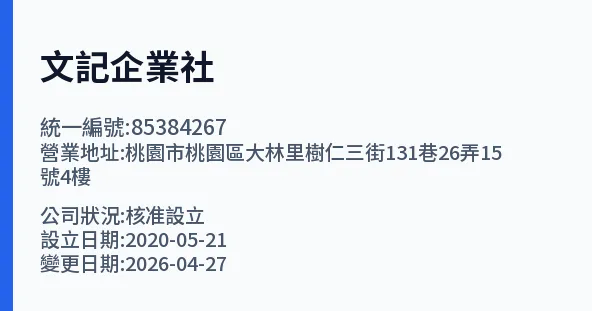 文記企業社的照片-統編 85384267(桃園市) 公司登記資料與營業項目詳細圖表