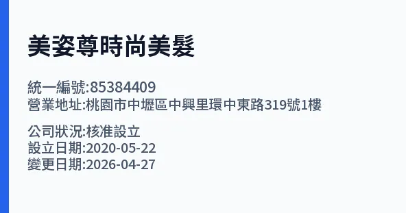 美姿尊時尚美髮的照片-統編 85384409(桃園市) 公司登記資料與營業項目詳細圖表