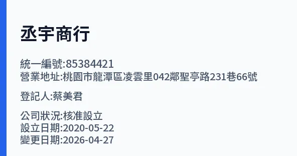 丞宇商行的照片-統編 85384421(桃園市) 公司登記資料與營業項目詳細圖表