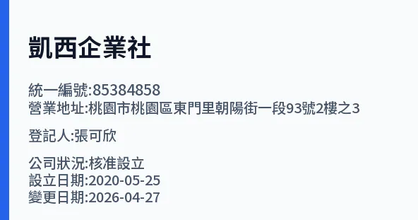 凱西企業社的照片-統編 85384858(桃園市) 公司登記資料與營業項目詳細圖表