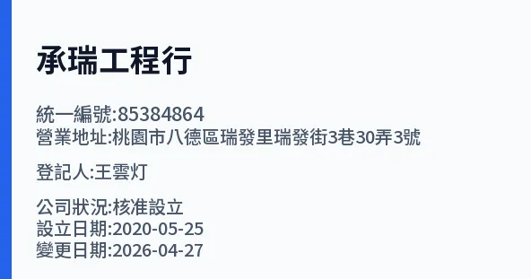 承瑞工程行的照片-統編 85384864(桃園市) 公司登記資料與營業項目詳細圖表
