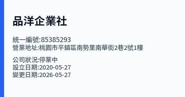 品洋企業社的照片-統編 85385293(桃園市) 公司登記資料與營業項目詳細圖表