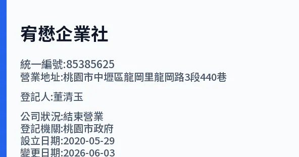 宥懋企業社的照片-統編 85385625(桃園市) 公司登記資料與營業項目詳細圖表