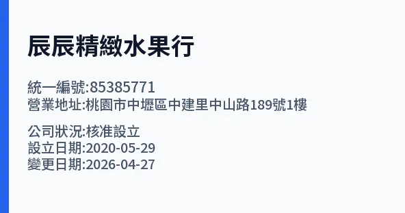 辰辰精緻水果行的照片-統編 85385771(桃園市) 公司登記資料與營業項目詳細圖表