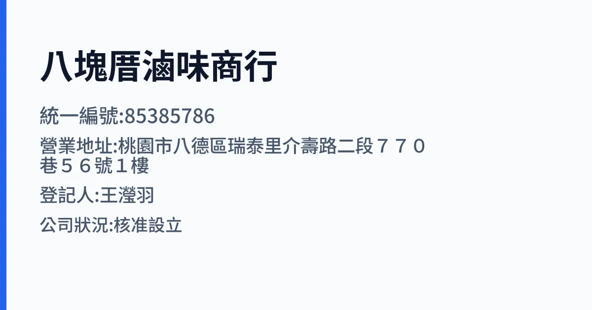 八塊厝滷味商行 - 統編 85385786(桃園市) 公司登記資料與營業項目詳細圖表