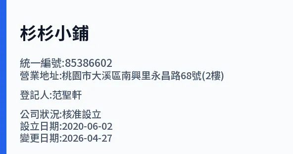 杉杉小鋪的照片-統編 85386602(桃園市) 公司登記資料與營業項目詳細圖表