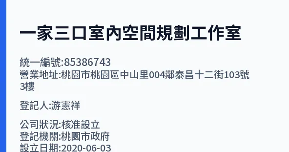一家三口室內空間規劃工作室的照片-統編 85386743(桃園市) 公司登記資料與營業項目詳細圖表