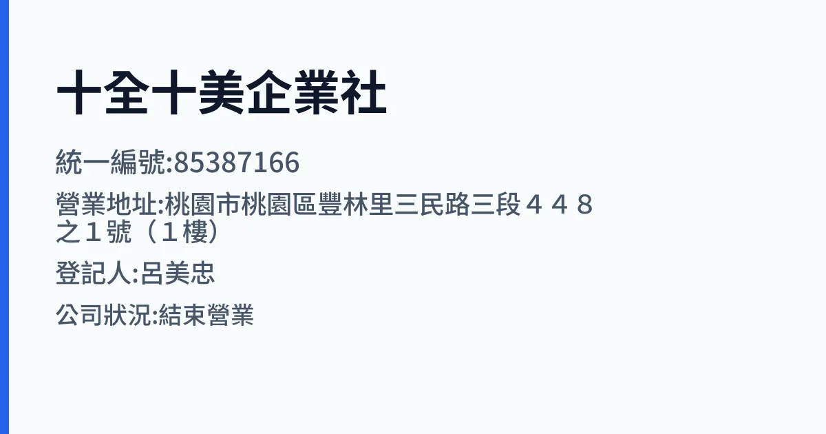 十全十美企業社 - 統編 85387166(桃園市) 公司登記資料與營業項目詳細圖表
