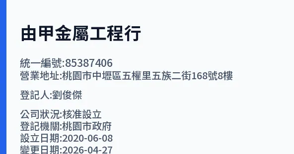 由甲金屬工程行的照片-統編 85387406(桃園市) 公司登記資料與營業項目詳細圖表