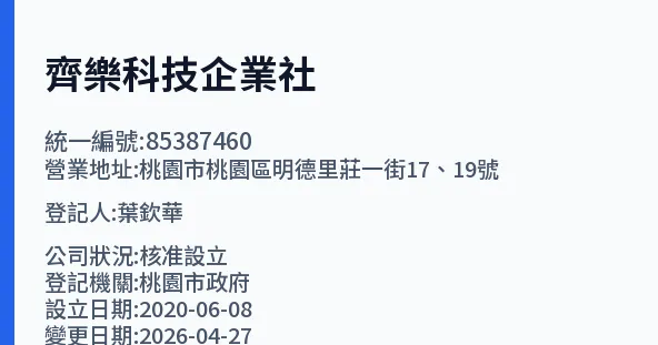 齊樂科技企業社的照片-統編 85387460(桃園市) 公司登記資料與營業項目詳細圖表