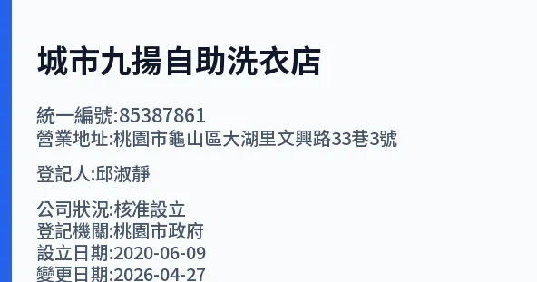 城市九揚自助洗衣店的照片-統編 85387861(桃園市) 公司登記資料與營業項目詳細圖表