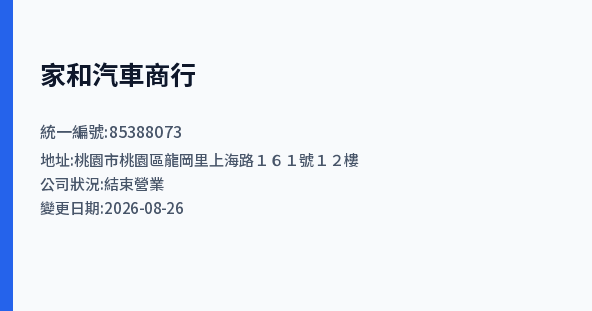 家和汽車商行的照片-統編 85388073(桃園市) 公司登記資料與營業項目詳細圖表