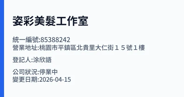 姿彩美髮工作室的照片-統編 85388242(桃園市) 公司登記資料與營業項目詳細圖表