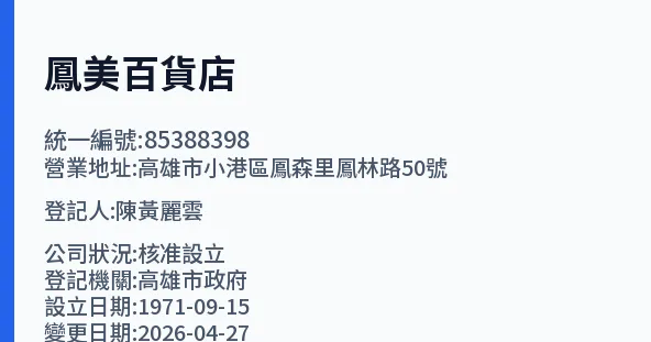 鳳美百貨店的照片-統編 85388398(高雄市) 公司登記資料與營業項目詳細圖表