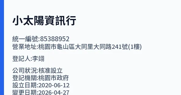 小太陽資訊行的照片-統編 85388952(桃園市) 公司登記資料與營業項目詳細圖表