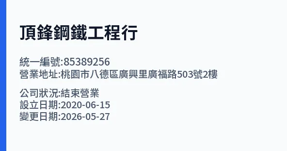 頂鋒鋼鐵工程行的照片-統編 85389256(桃園市) 公司登記資料與營業項目詳細圖表