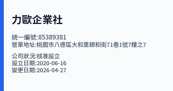 力歐企業社的照片-統編 85389381(桃園市) 公司登記資料與營業項目詳細圖表